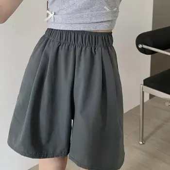 Calça curta de perna larga plissada reta feminina, calça solta ...