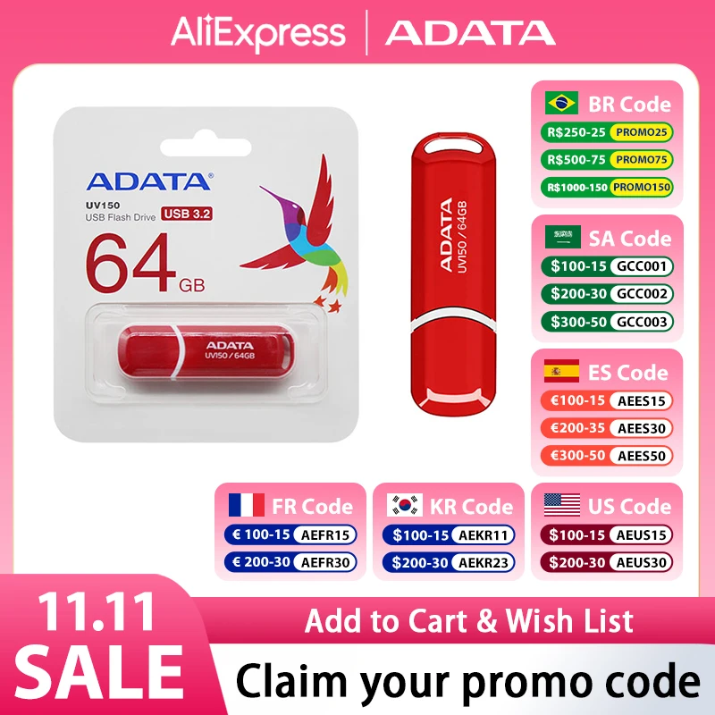 ADATA-UV150-USB-Flash-Drive-USB-3-2-Pen-Drive-32GB-64GB-Pendrive-Red ...