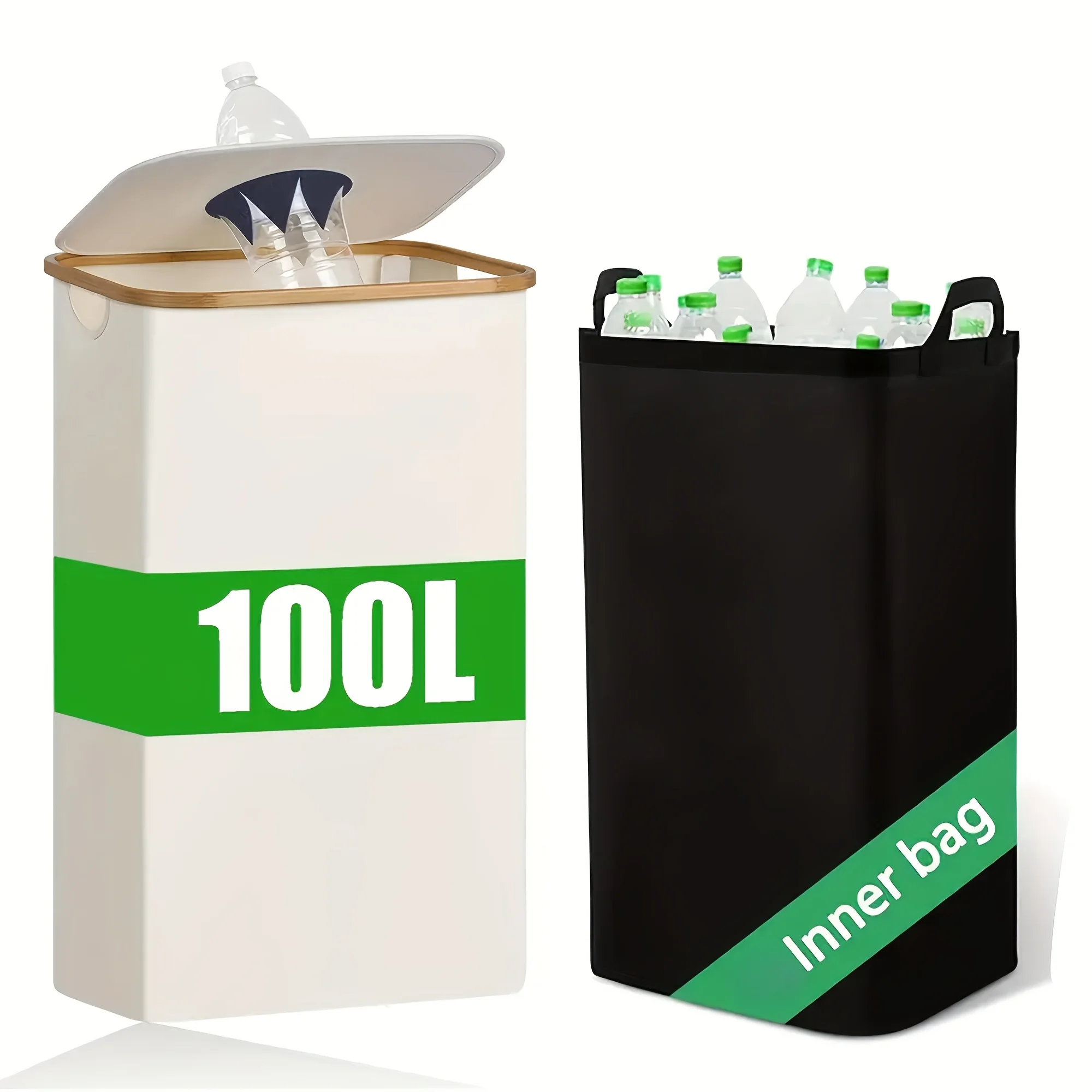 100L Large Capacity Recycling Bin with Lid Bamboo Recycling Bin-Modern ...
