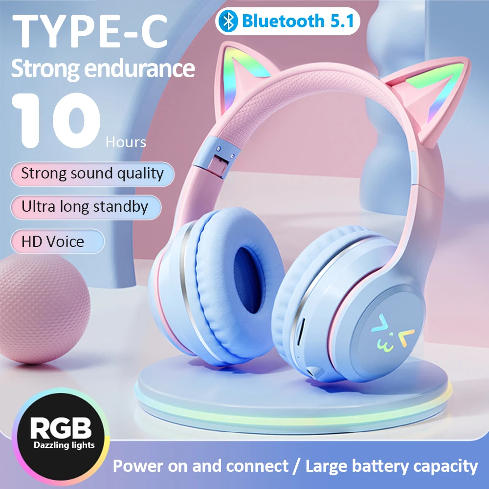 New-RGB-Light-Cat-Ear-Wireless-Headphones-with-Microphone-Support-TF ...