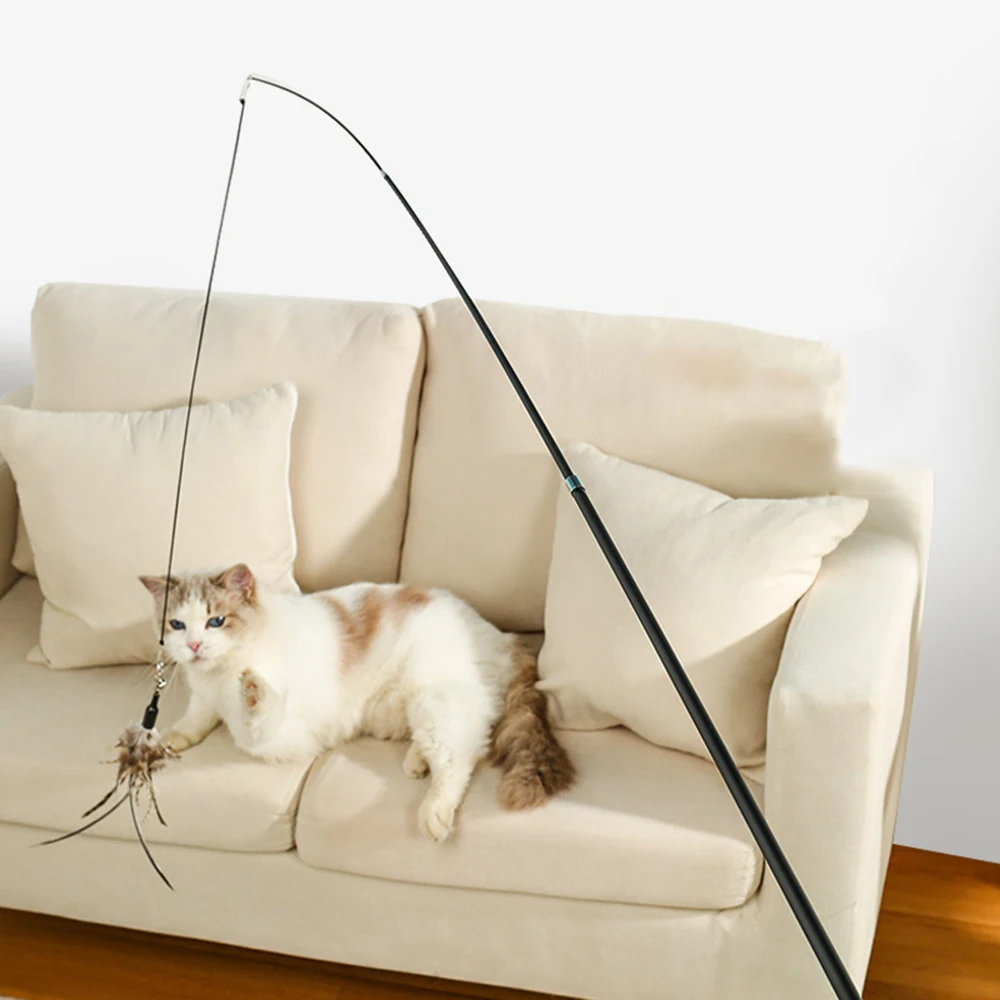 Interactive Long Extendable Pole Cat Toy with Artificial Feathers Pet ...