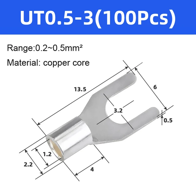 100PCS Cable Connector Crimp UT Copper 0.5/1-4/1.5-3 Non-Insulated Fork ...