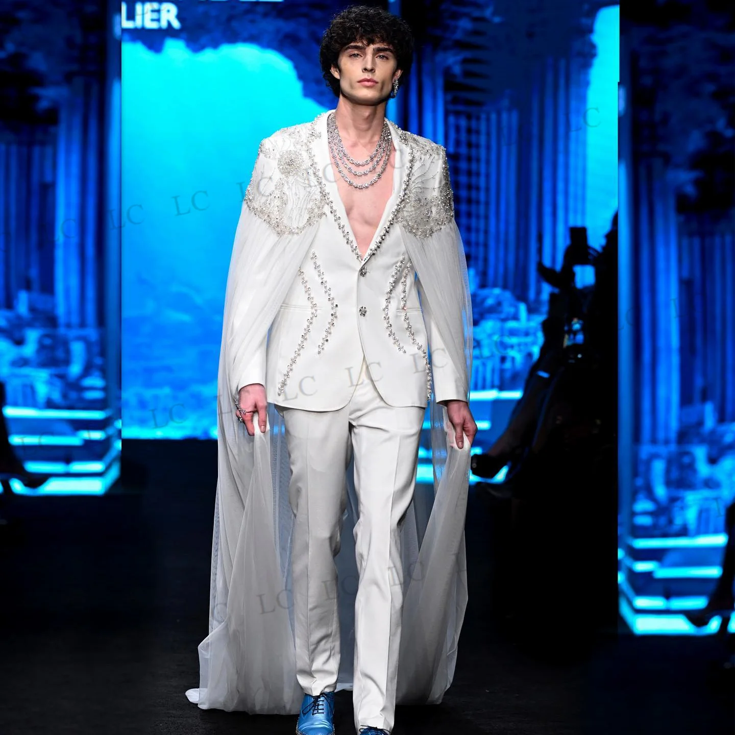 2 Pieces Diamonds Crystals Beadings Blazer Pants Lace Cape Men Suits ...