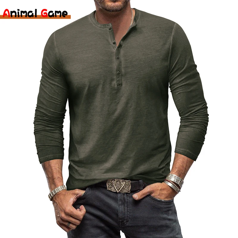New Men's Cotton Henley Shirt Long Sleeve Shirt Basic Casual Band ...