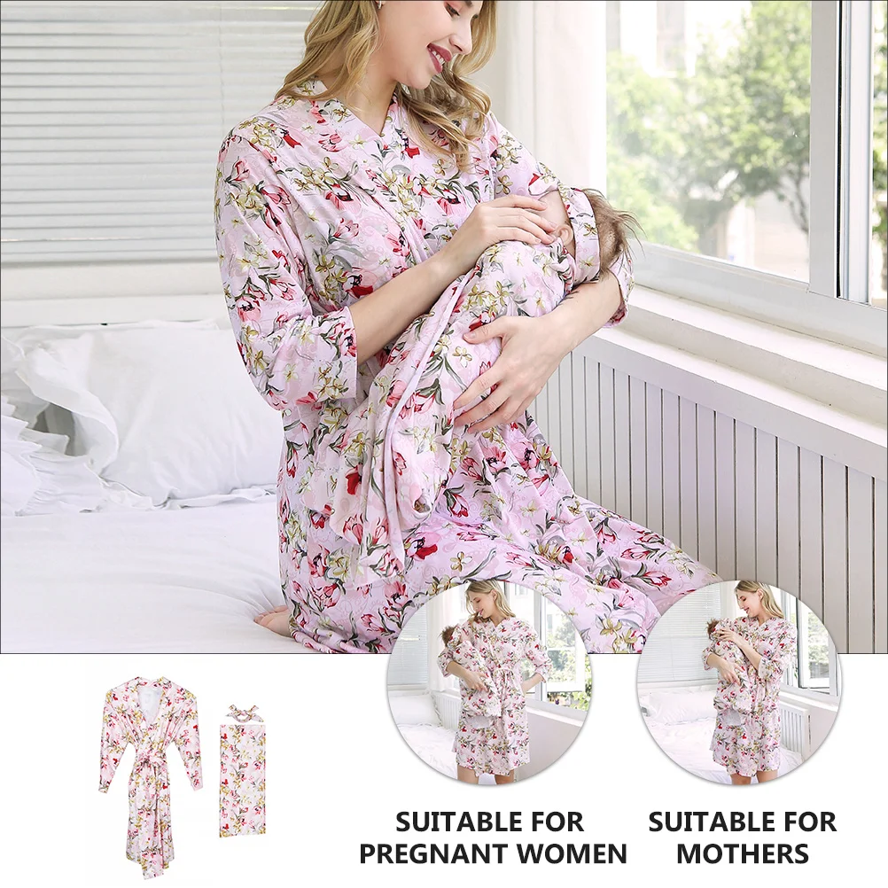 Premium 3-Piece Maternity Robe Set | Cotton Nursing Robe + Baby Blanket ...