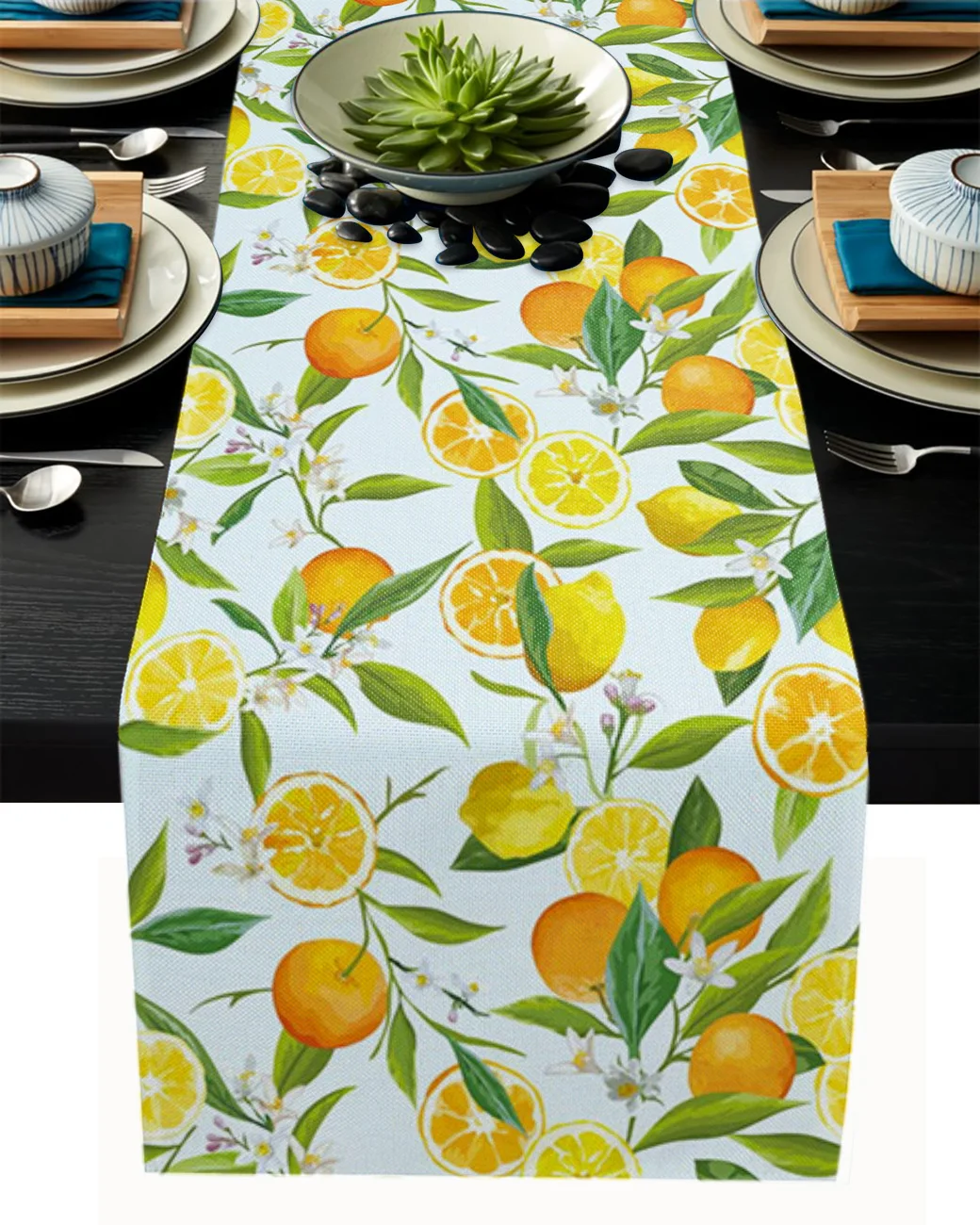 Lemon Flower Leaf Fruit Table Runner Wedding Party Decor Table Flag ...