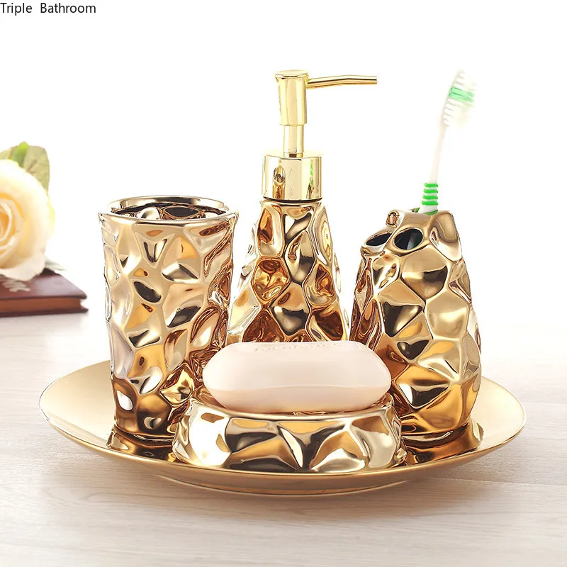 Ceramic-bathroom-set-four-piece-Gold-tooth-brush-holder-Soap-Dispenser ...