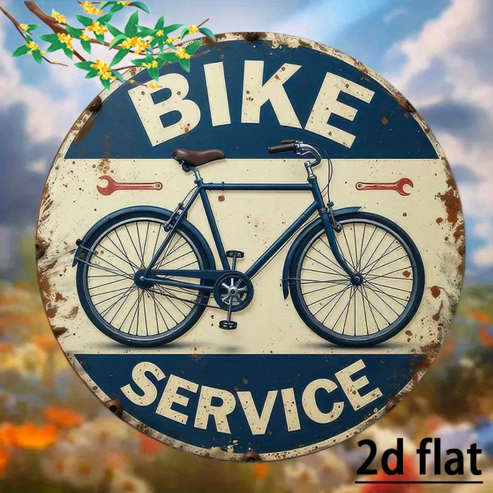 Vintage Round 'Bicycle Service' Aluminum Sign – 2D Flat Rustic Wall Art ...