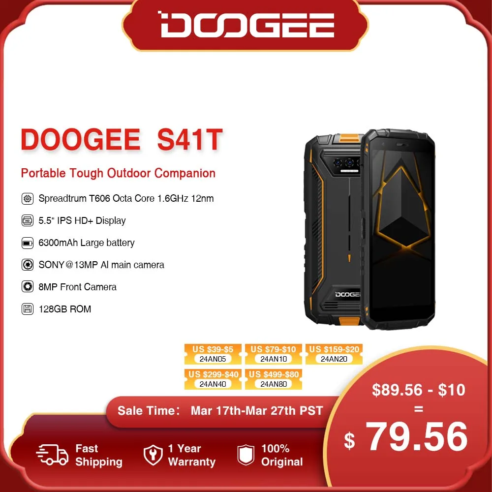DOOGEE S41T Rugged Phone 5.5" IPS HD 13MP AI Triple Camera 8GB RAM +64G ...