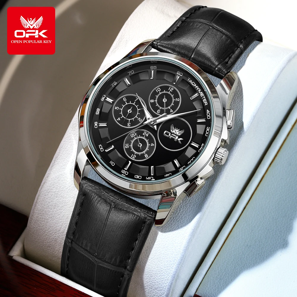 OPK NEW Men's Watch Leather Strap Multifunctional Dial Waterproof Hand ...