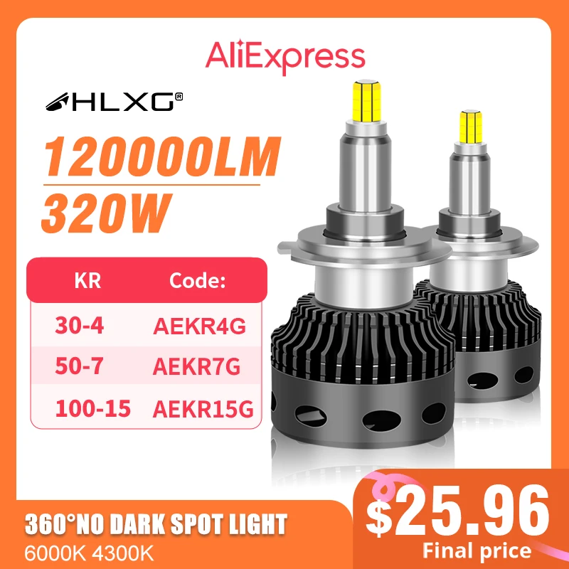 자동차 헤드라이트 전구, H7 LED Canbus 360 H11 H1 H4 120000LM 320W, HB3 HB4 HIR2 9005 H8 D2S D4S Bi LED ...