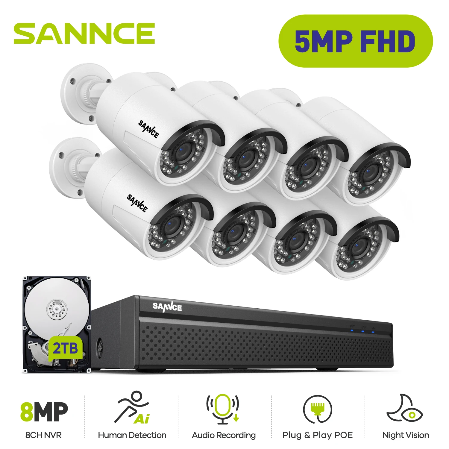 Sannce 8ch 5mp Wired Nvr Poe Security Camera System 5mp Ip66 Outdoor Ir ...