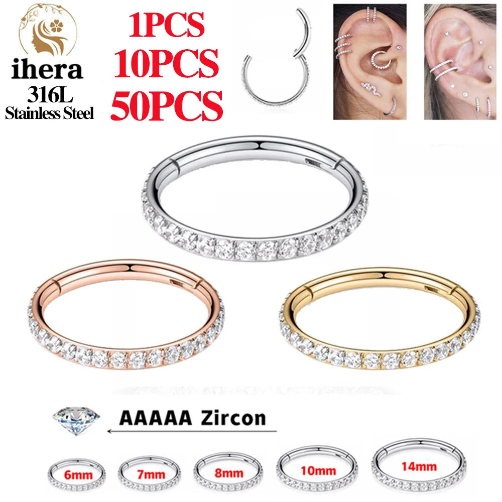 50PCS Stainless Steel Zircon CZ Hinged Segment Nose Septum Clicker Ring ...