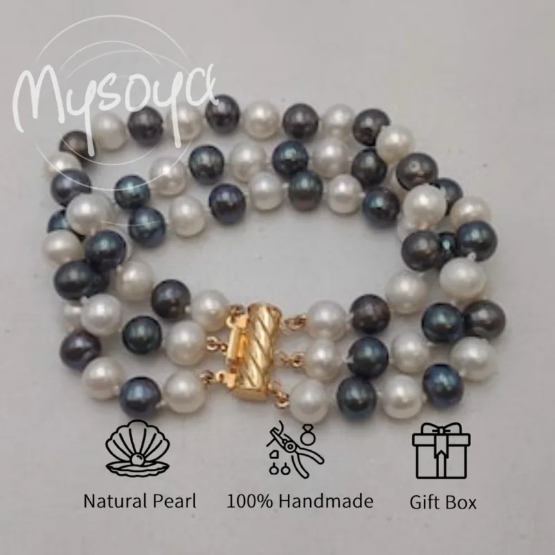 MYSOYA Three-layer Black White Freshwater Pearl Bracelet 8-9mm With ...