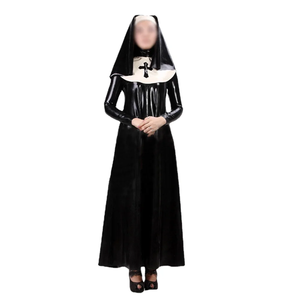 Sexy-Women-Nun-Dress-Uniform-3-pieces-Sets-Wet-Look-PVC-Faux-Latex-Long ...