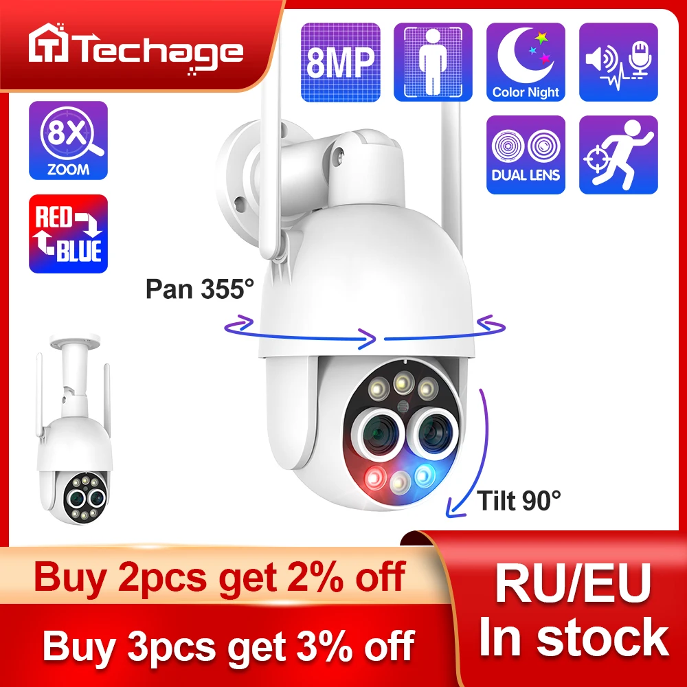 Techage HD 8MP 8X Zoom PTZ Wireless IP Camera Dual Lens 2.8mm 12mm ...