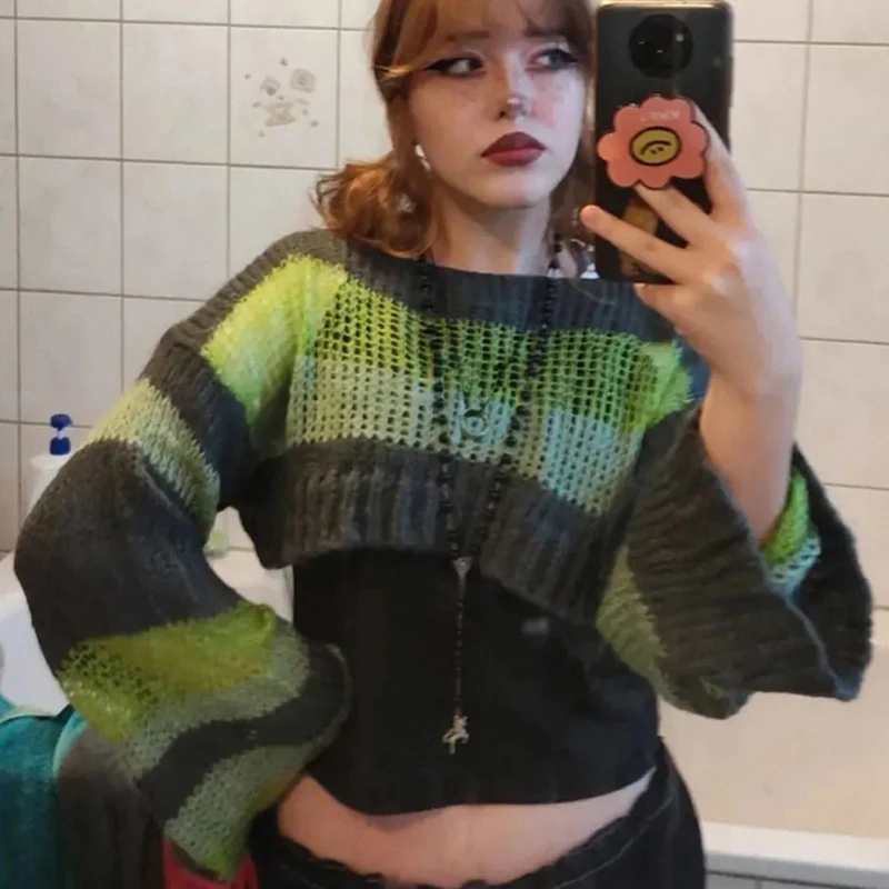Fairycore Green Striped Knitted Sweaters Y2K Aesthetics Vintage Cropped ...