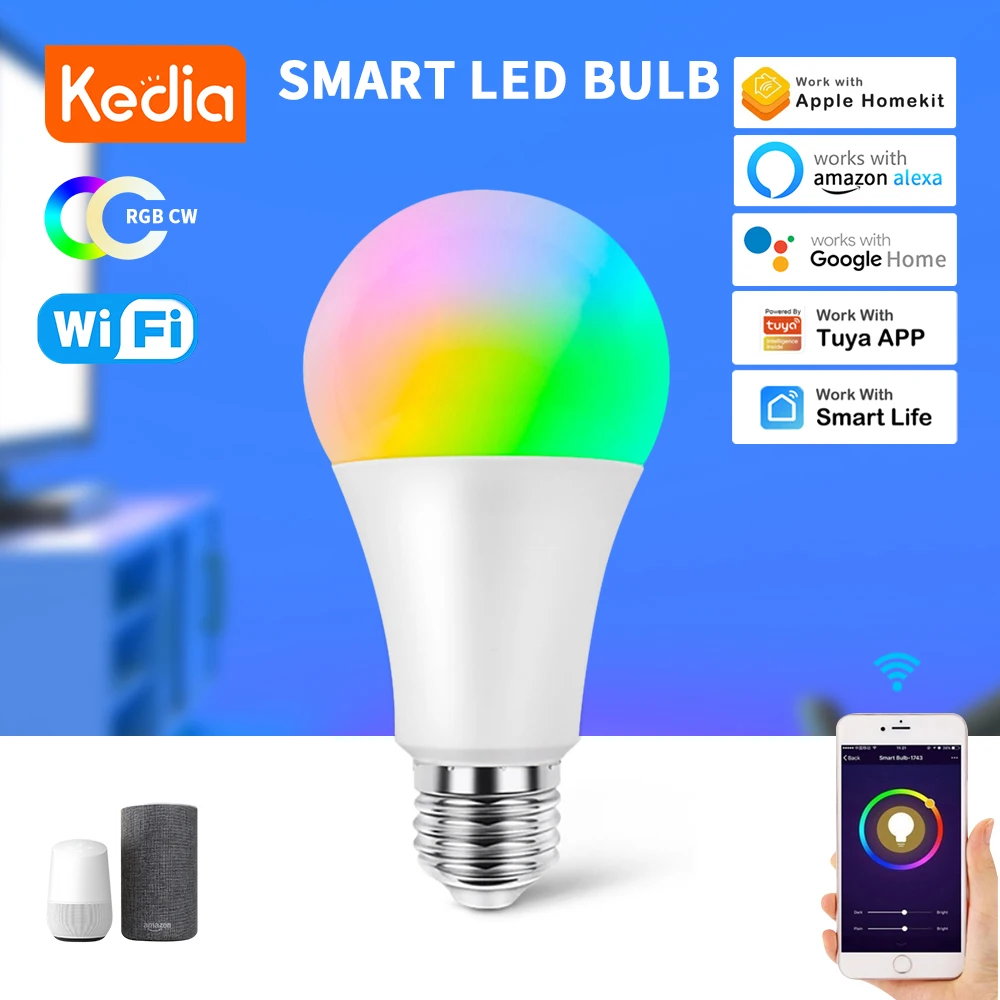 Kedia Wifi Smart Bulb E27/E26/B22 LED Light RGB+C+W Home Dimmable Lamp ...