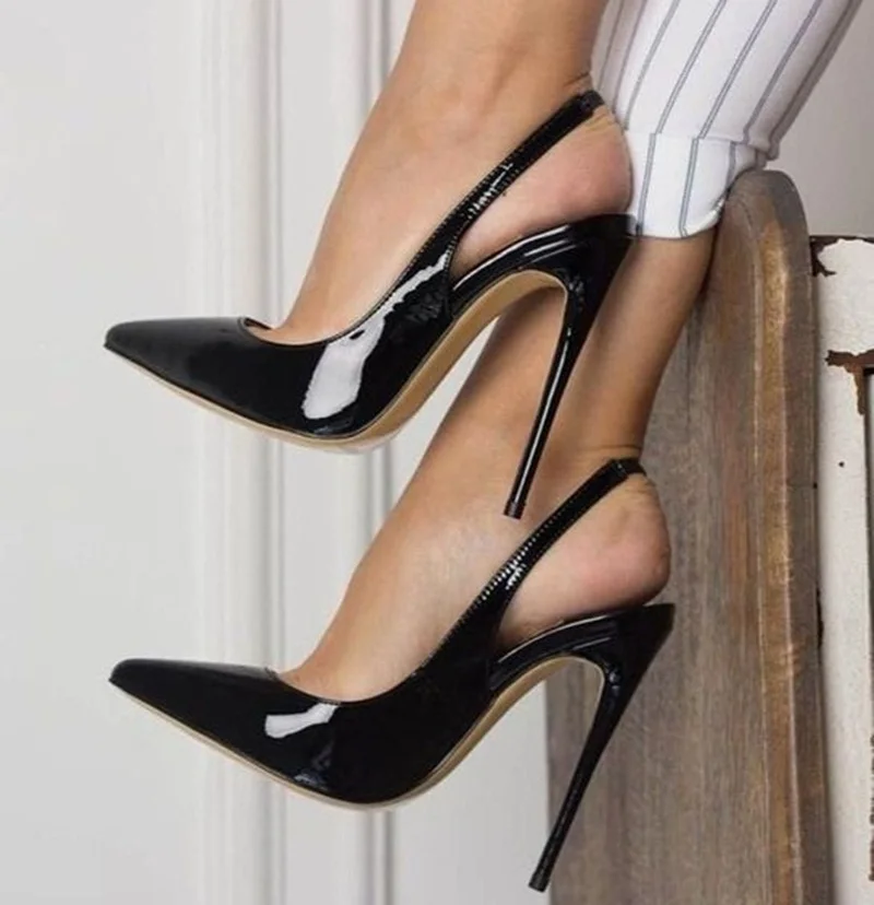 Sexy Black Patent Leather Pointy Toe Slingback Pumps 12CM Stiletto High ...