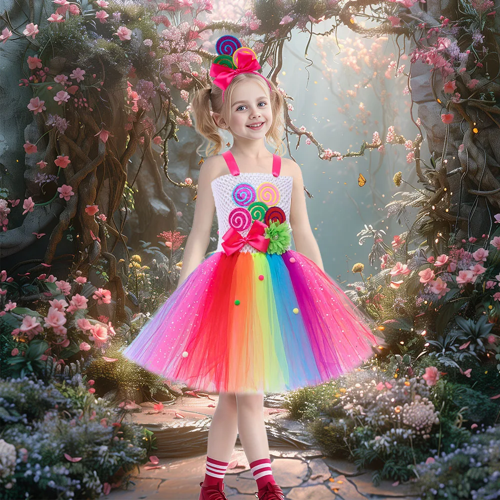 Sweet-Rainbow-Girls-Tutu-Dress-Candyland-Kids-Cosplay-Lolipop-Costume ...