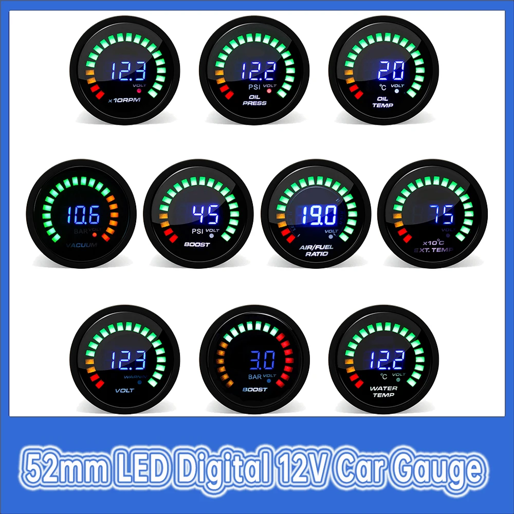 52MM LED Digital 12V Car Gauge RPM Tachometer Boost Vacuum Voltmeter ...