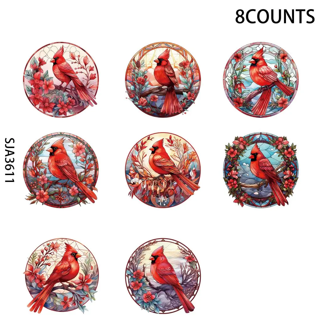 8pcs Stained Glass Red Cardinal Bird UV DTF Stickers, Waterproof Stick ...