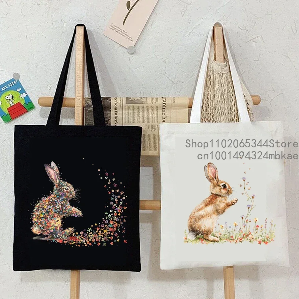 Canvas Tote Bag Women Floral Watercolor Bunny Shopping Bag Cartoon ...