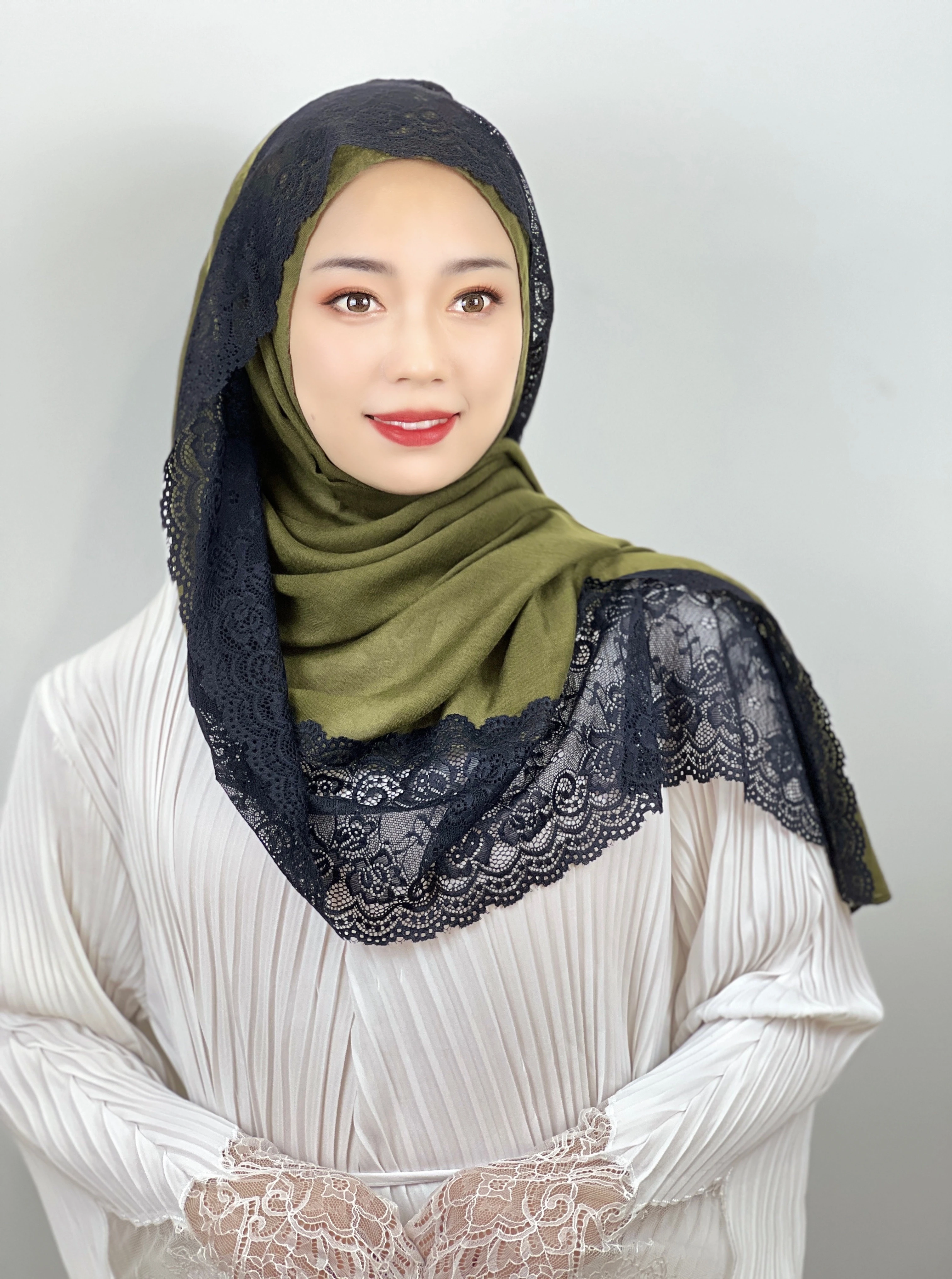 Muslim Hijab Ramadan Pure Color Lace Women's Hijab Cotton Linen Scarf ...