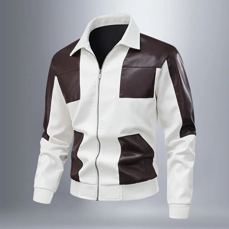 Autumn Men Leather Coat New Motorcycle Punk Contrast Color Patchwork ...