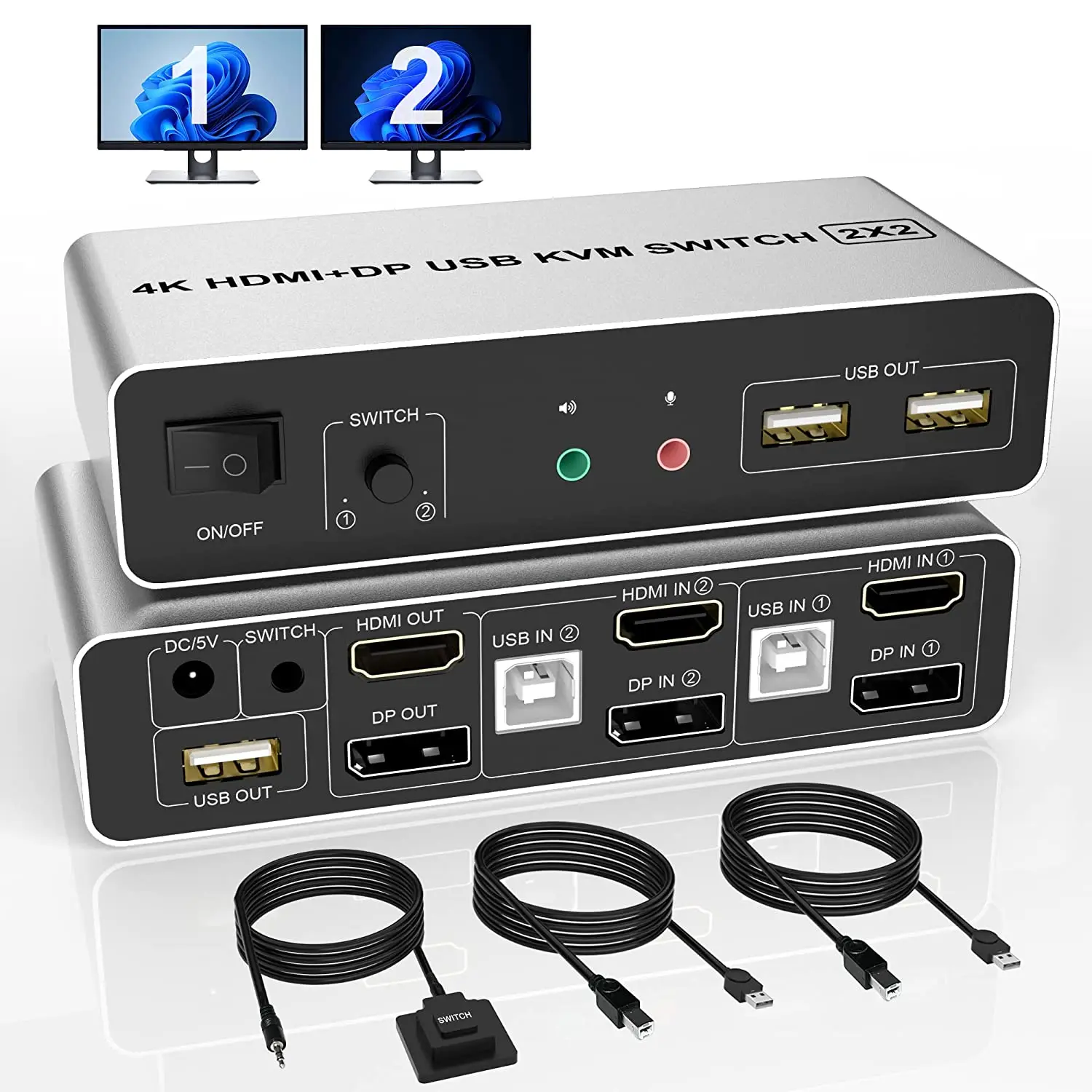 듀얼 모니터 HDMI 디스플레이 포트 KVM 스위치, 2x2 혼합 입력 DP + HDMI USB KVM 스위처, 2 모니터 2 PC 확장 디스플레이, 4K 60Hz