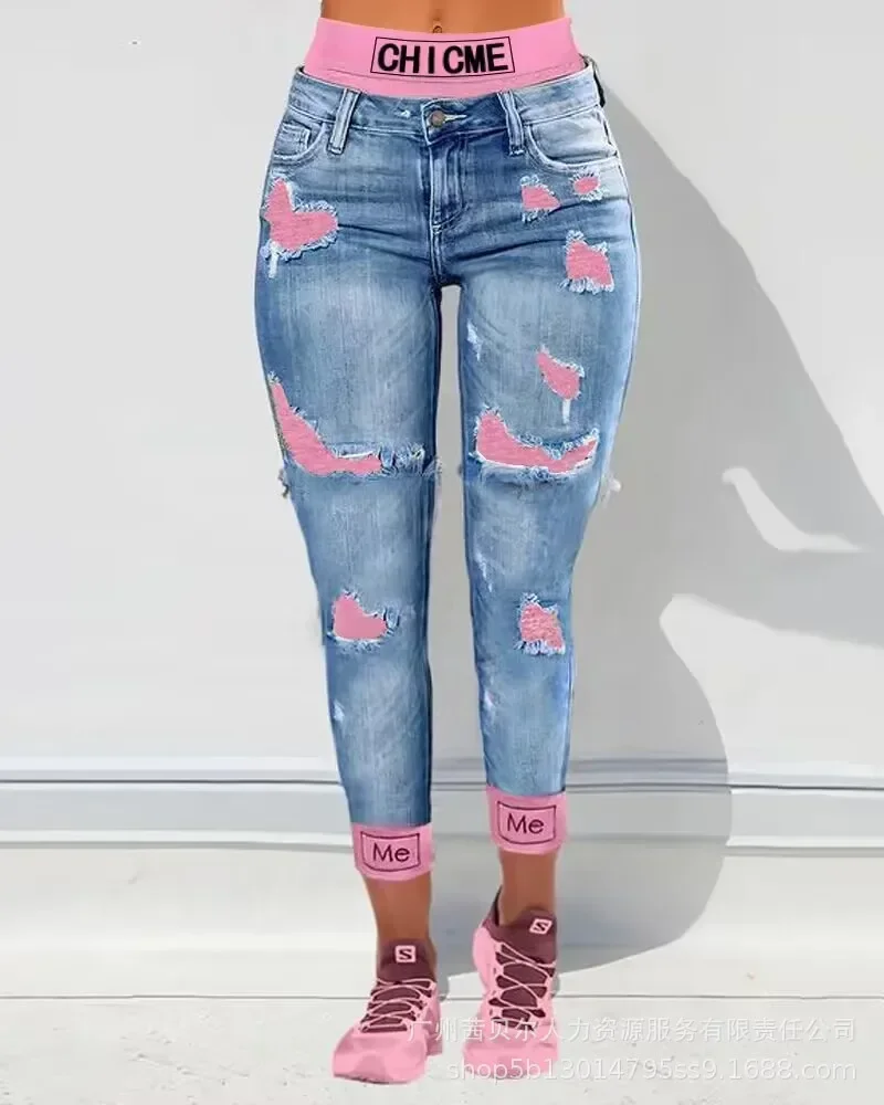 Fake-Two-Piece-Patchwork-Cutout-Ripped-Jeans-Women-Ankle-Length-Fashion ...