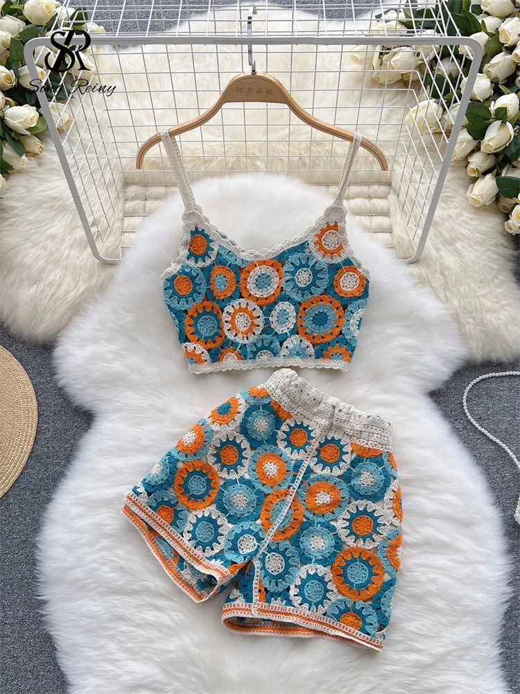 Singreiny Knitted Floral Women Set Hollow Out Backless Summer 2022