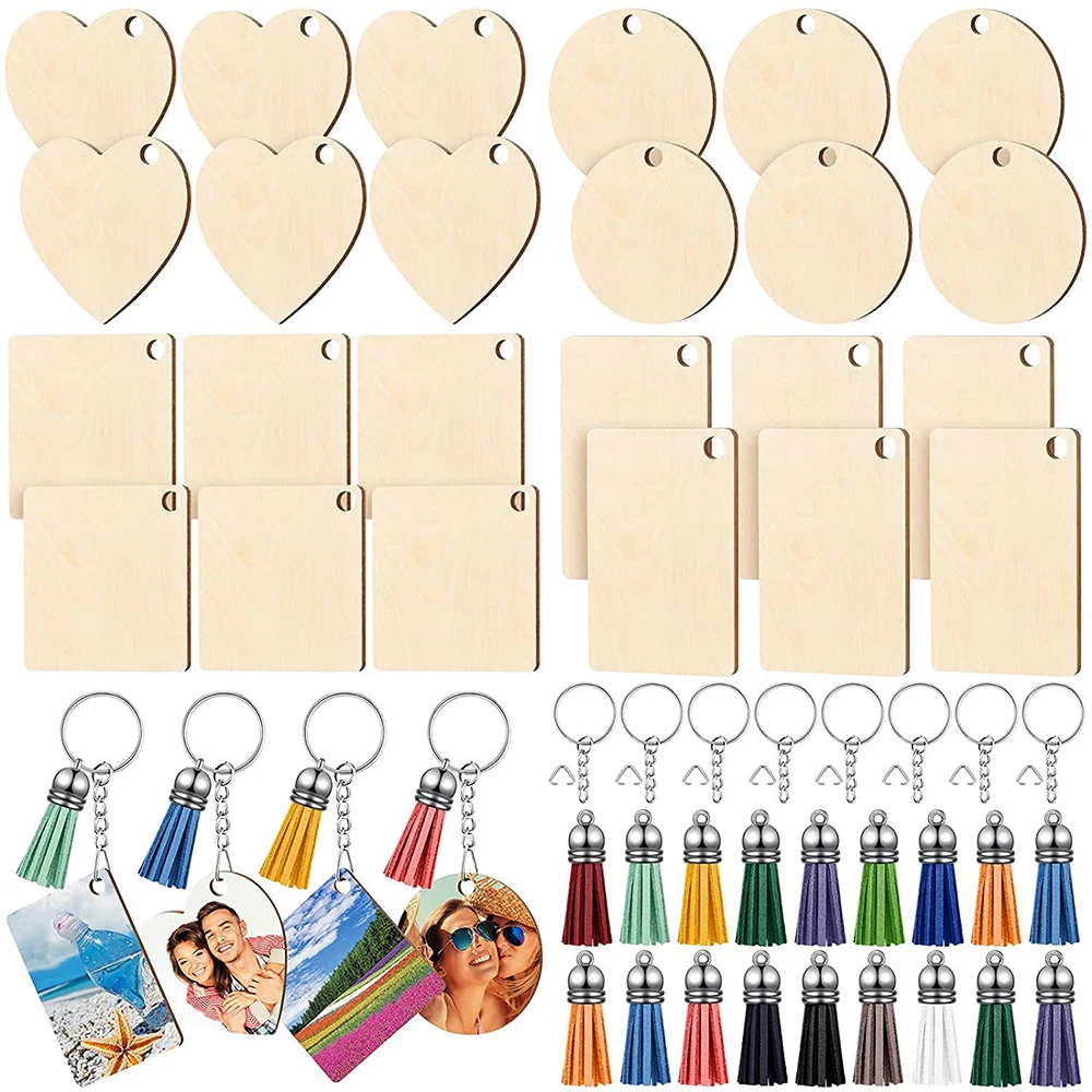 96PCS-Unfinished-Wooden-Keychains-Blank-Sublimate-Keychain-Key-Ring ...