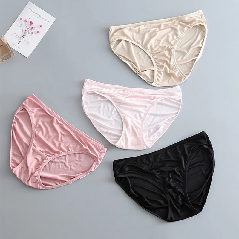 Natural Mulberry Silk Women Panties Ladies Simple Solid Color Thin Low-Waist Briefs Breathable ...