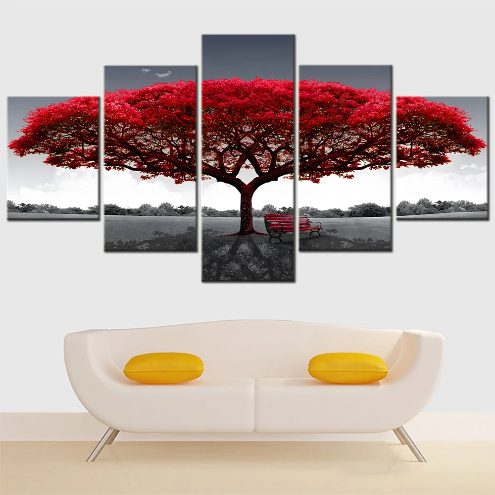 Nature 5 Pieces Canvas Art Wall Decor Painting Abstract Red Tree Sunset Picture Modular Home ...