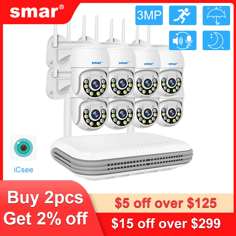 Smar Wireless Camera System 8CH 3MP Outdoor PTZ Camera Kit CCTV Two Way ...