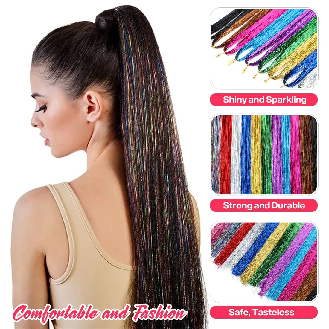 Fake Synthetic Fairy Hair Tinsel Kit With Tools 47inch Glitter 13colors ...