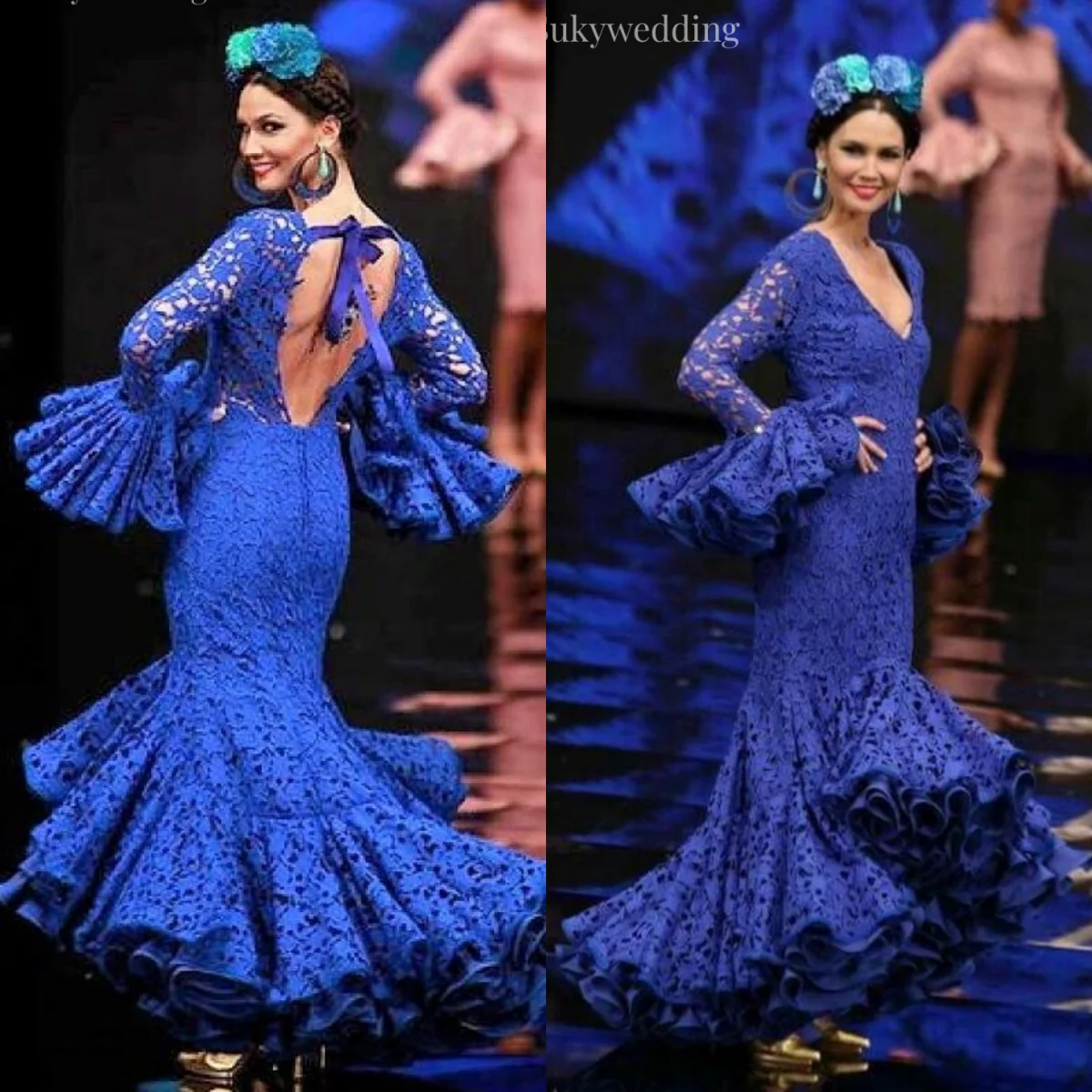 Blue-Mermaid-Lace-Flamenco-Dancing-Prom-Party-Gowns-with-Tiered-Skirt ...