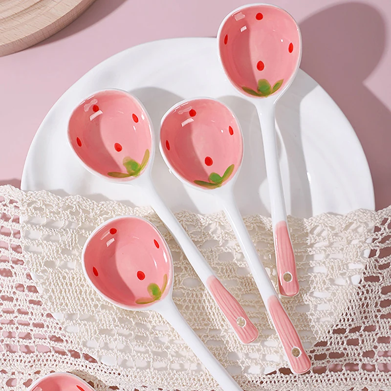 1Pc Cute Strawberry Ceramic Soup Spoon Ice Cream Hand Painted Coffee ...