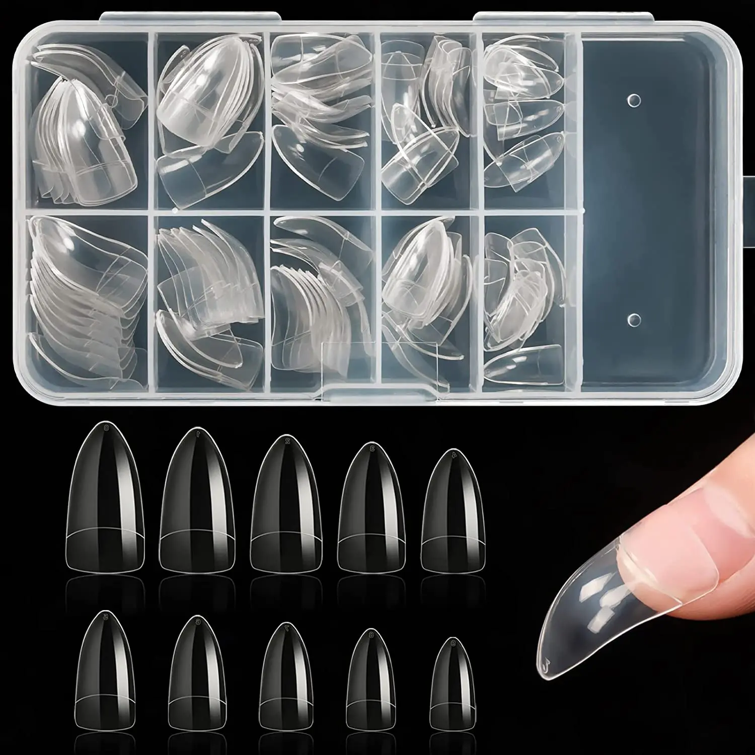Stiletto-Curve-Nails-Tips-100Pcs-Clear-Eagle-Claw-Nail-10-Sizes-Press ...