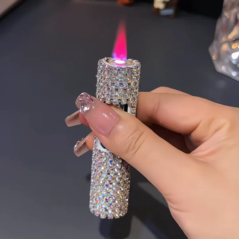 Metal Mini Diamond Inlaid Inflatable Lighter Windproof Powder Spray ...