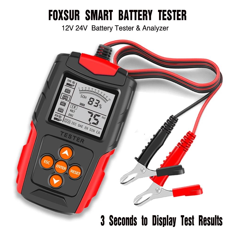 FOXSUR 12v & 24v Battery Tester for Wet/GEL/SLA/Flooded/EFB/Lead-Acid ...