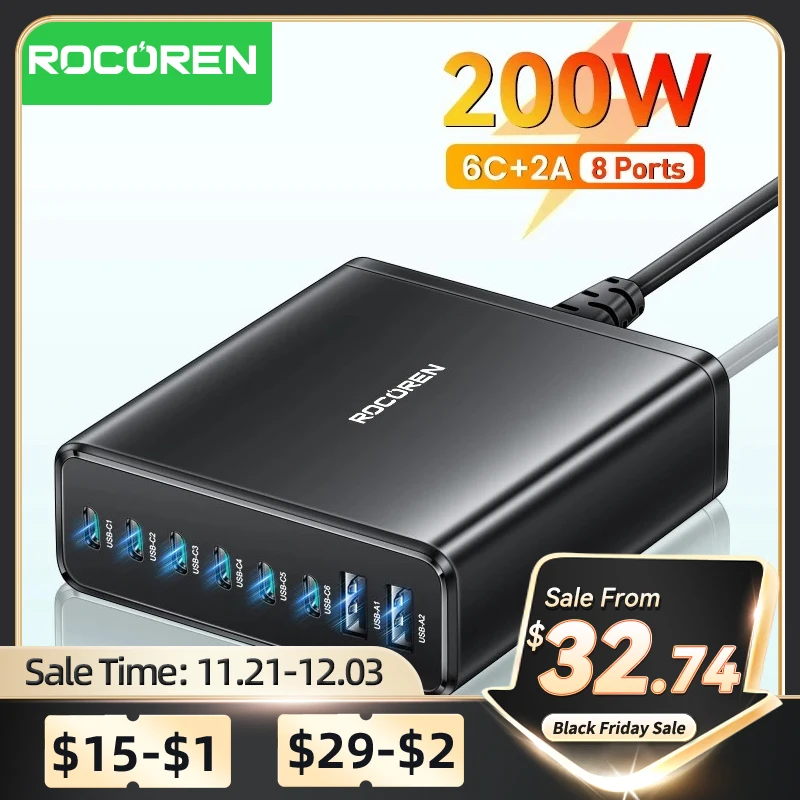 Rocoren-200W-8-in-1-Multi-Port-USB-Type-C-PD-High-Speed-Charger-Desktop ...
