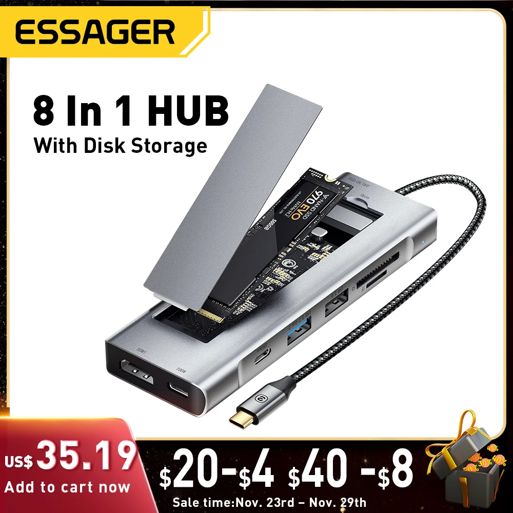 Essager Usb Tip C Hub Disk Depolama Fonksiyonu Ile 8 In 1 Usb C Sata
