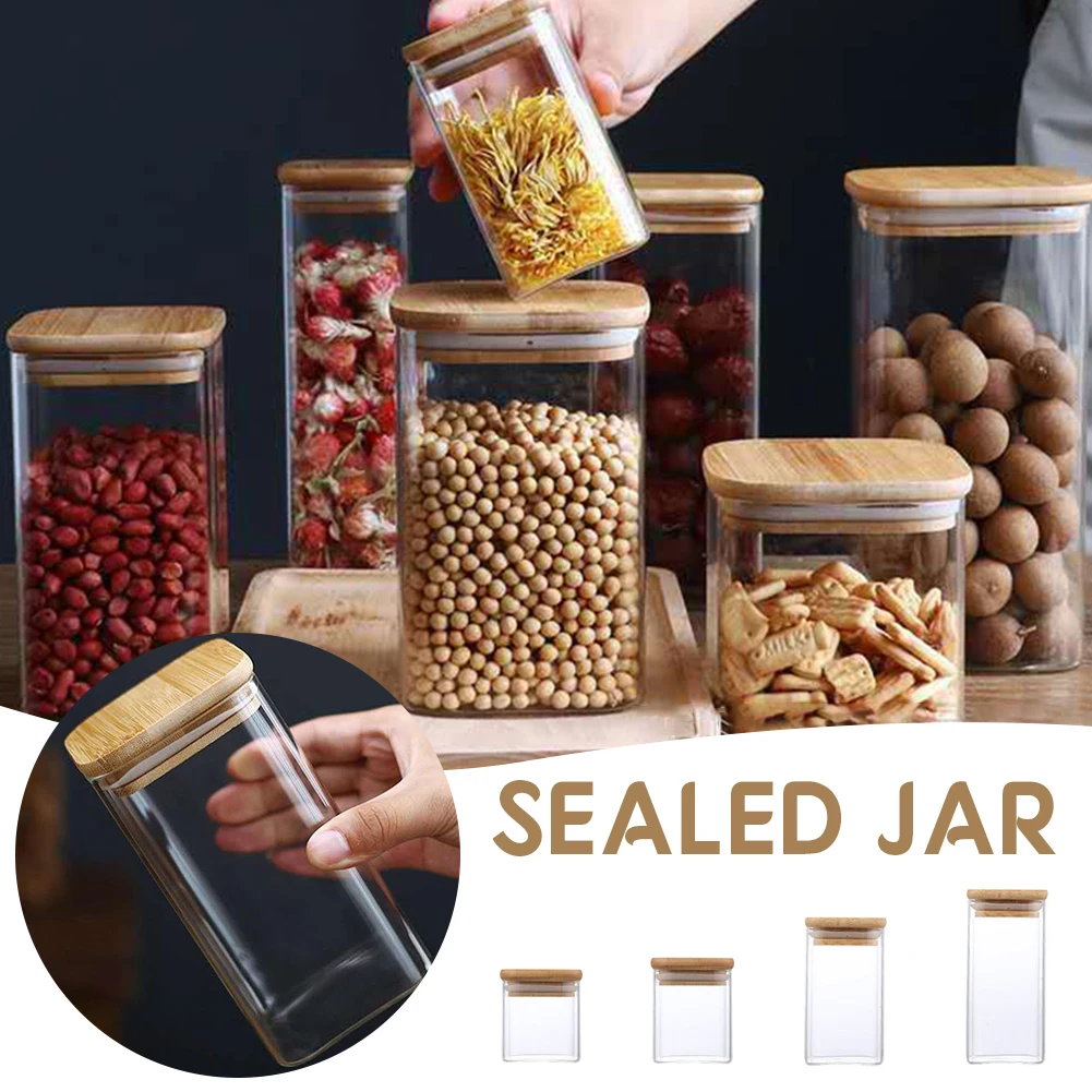 Squared-Transparent-Glass-Storage-Jar-With-Lid-Moisture-Proof-Tea ...