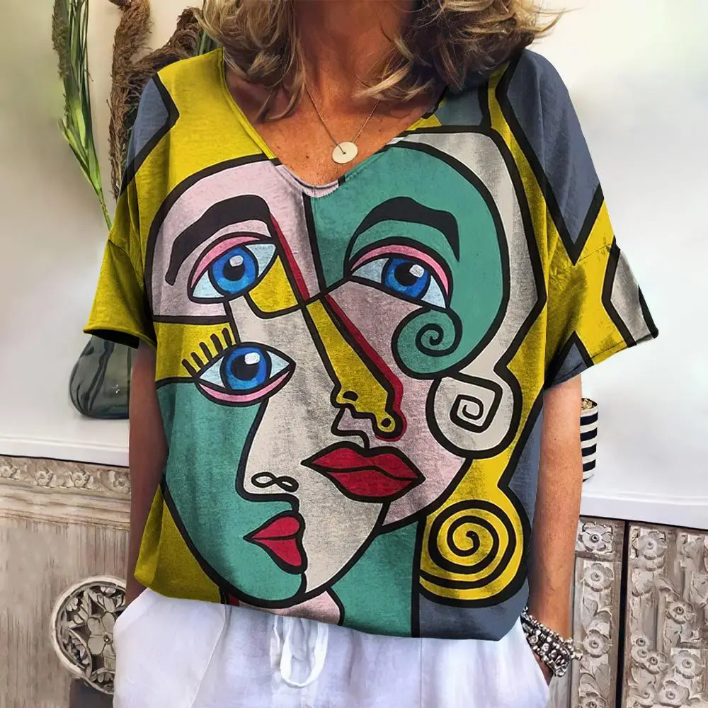 Summer Women's Fashion T-shirt Abstract Human Face Printing Ladies ...