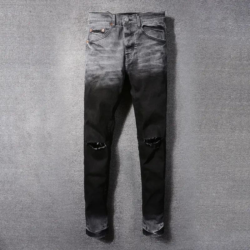 High-Street-Fashion-Men-Jeans-Retro-Black-Gray-Color-Gradation-Designer ...