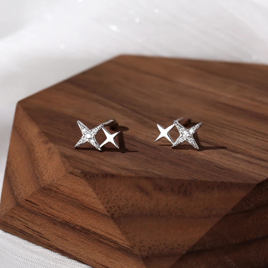 925-Sterling-Silver-Four-Pointed-Star-Stud-Earrings-for-Women-Trendy-Sparkling-Zircon-Romantic ...