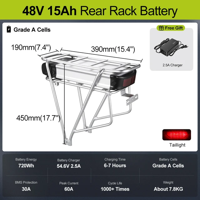 52V 48V 36V Rear Rack Battery 30A BMS eBike Battery Grade A 18650 ...