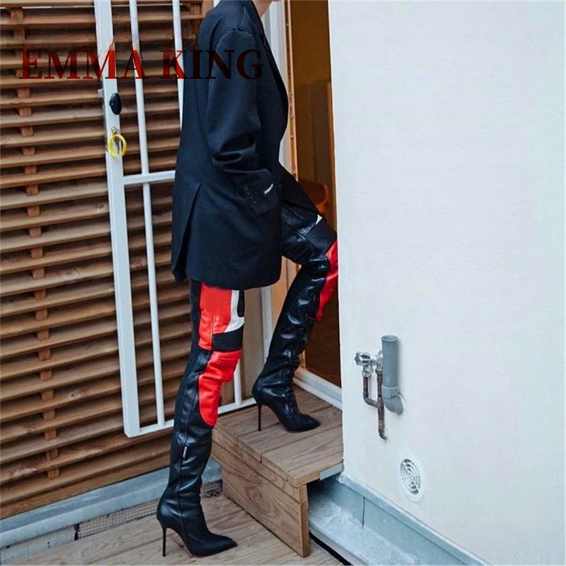 Women Patchwork Thigh High Boots Pointy Toe Stiletto Heels Knight Boots ...